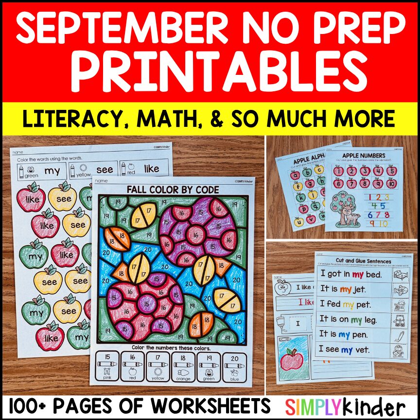September No Prep Kindergarten Back to School Literacy & Math ...
