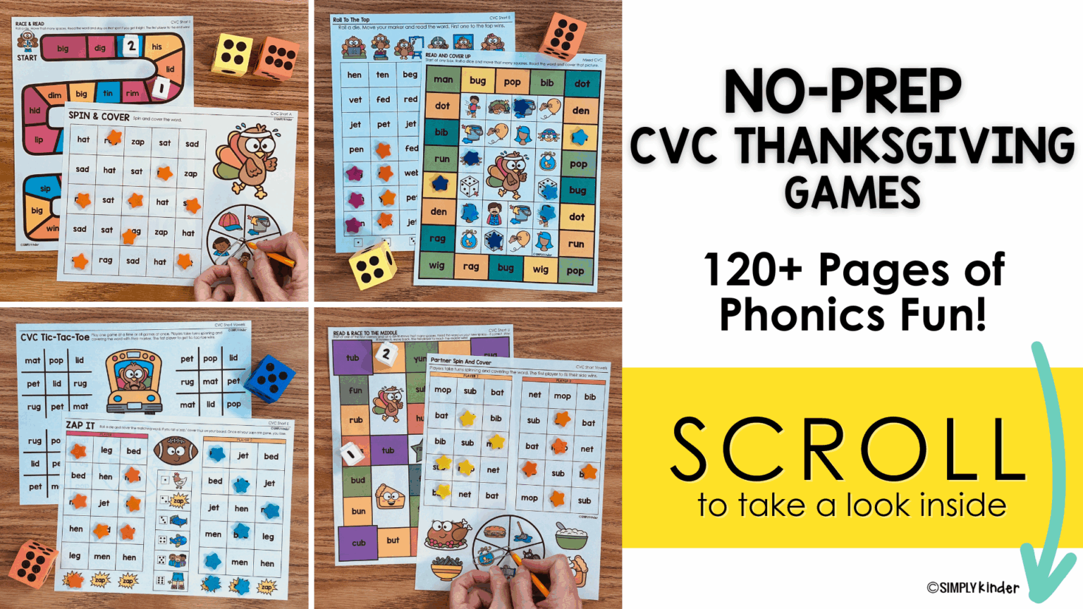 Thanksgiving CVC Games – No-Prep Literacy Activities for Kindergarten ...