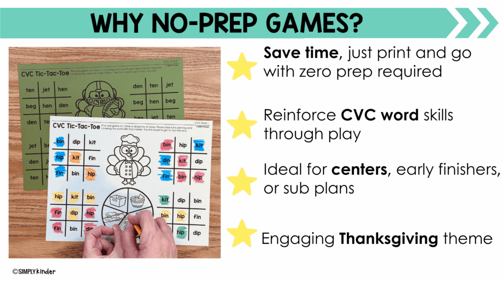 Thanksgiving CVC Games – No-Prep Literacy Activities for Kindergarten ...