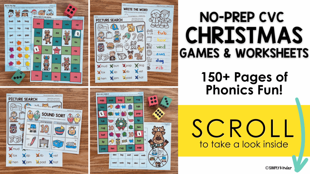 Christmas CVC Games & Worksheets, No-Prep Phonics for Kindergarten ...