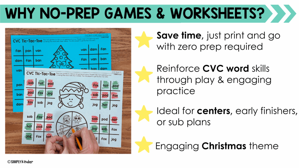 Christmas CVC Games & Worksheets, No-Prep Phonics for Kindergarten ...