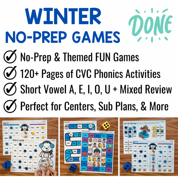 Winter CVC Games – No-Prep Literacy Activities for Kindergarten and ...