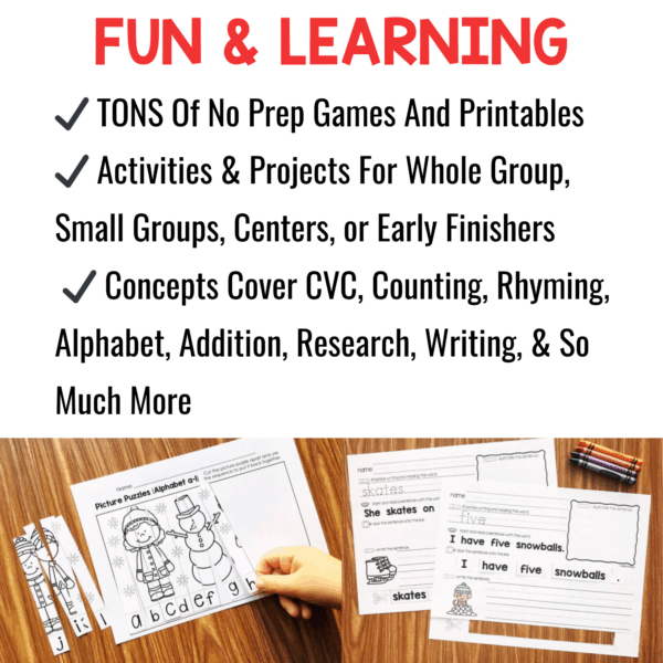 Winter Activities Kindergarten Bundle, Centers, Writing, No-Prep, Games ...