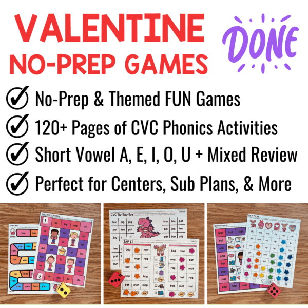 Valentine CVC Games – No-Prep Literacy Activities for Kindergarten and ...