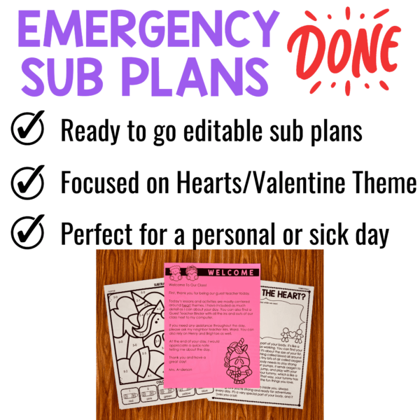 Valentine's Day Editable Emergency Sub Plans Kindergarten, No Prep ...