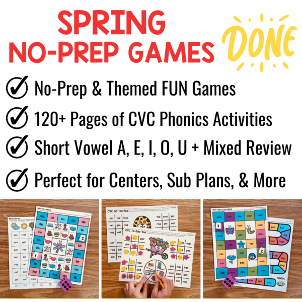 Spring CVC Games, March No-Prep Literacy Activities for Kindergarten ...