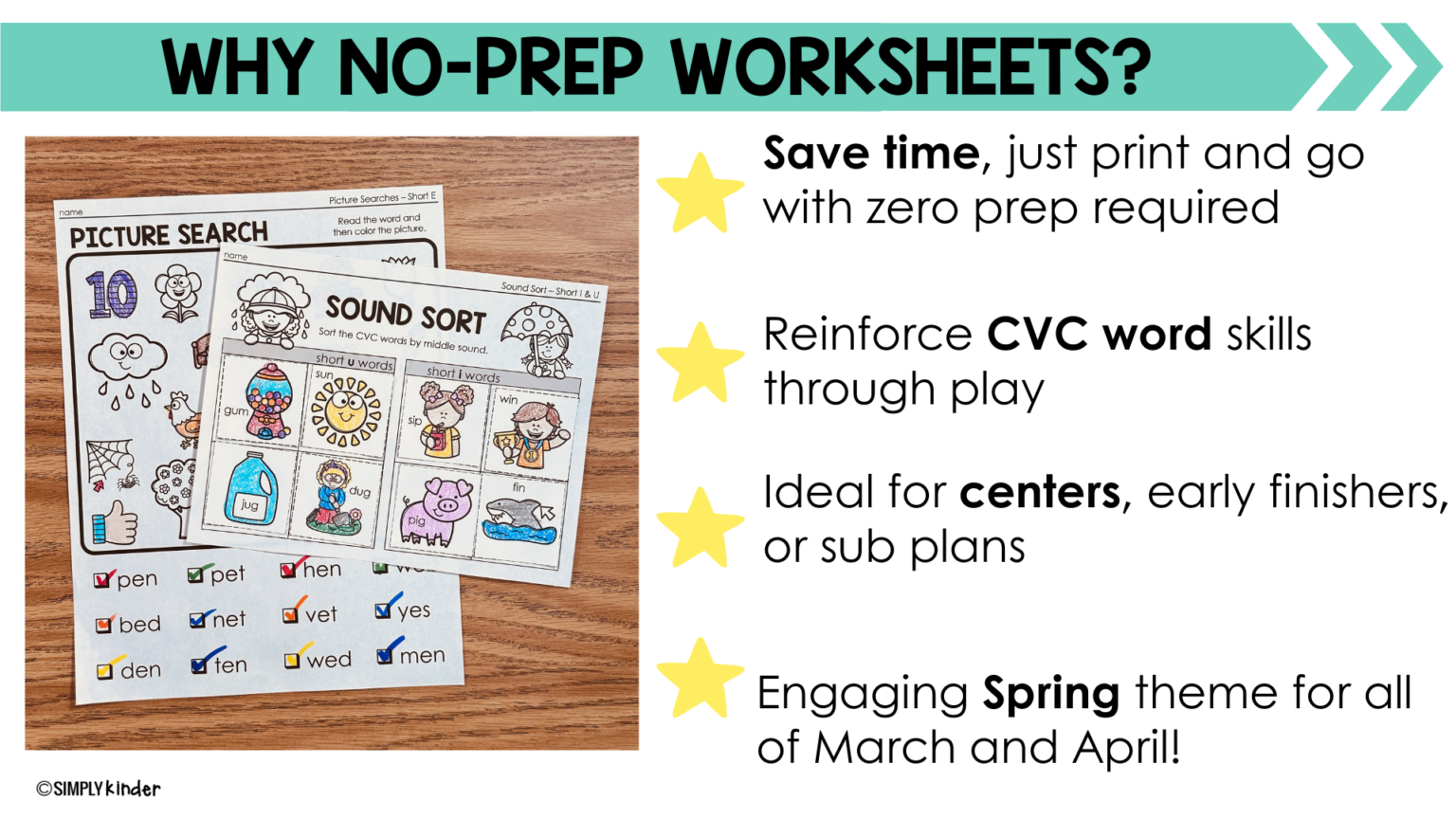 Spring Activities, CVC Worksheets, No-Prep March Phonics, Kindergarten ...