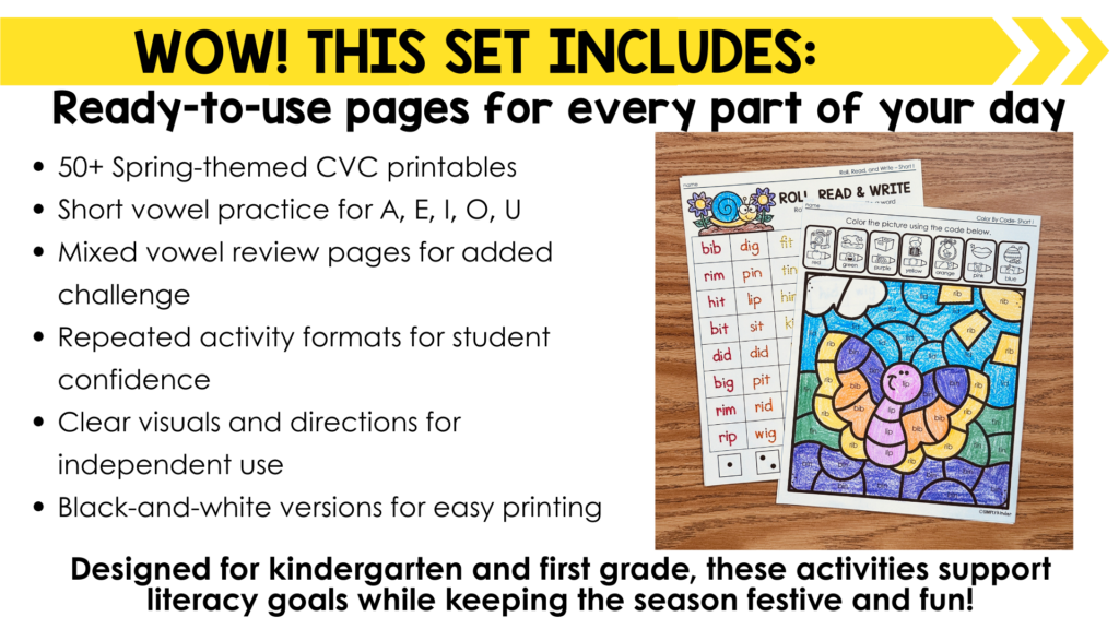 Spring Activities, CVC Worksheets, No-Prep March Phonics, Kindergarten ...